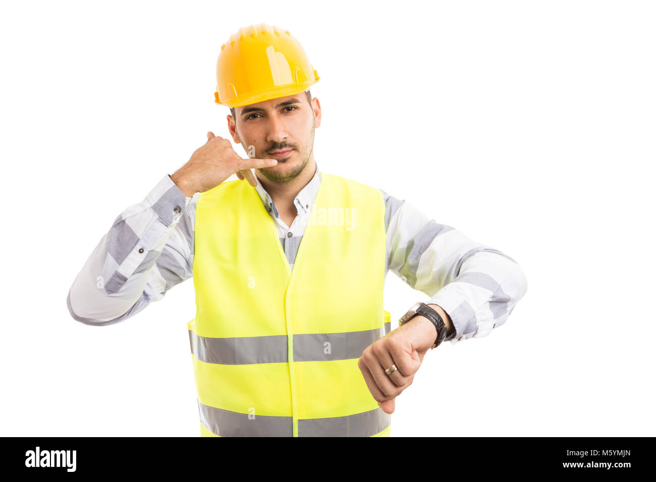 Architect making late for meeting or call me gesture isolated on white ...