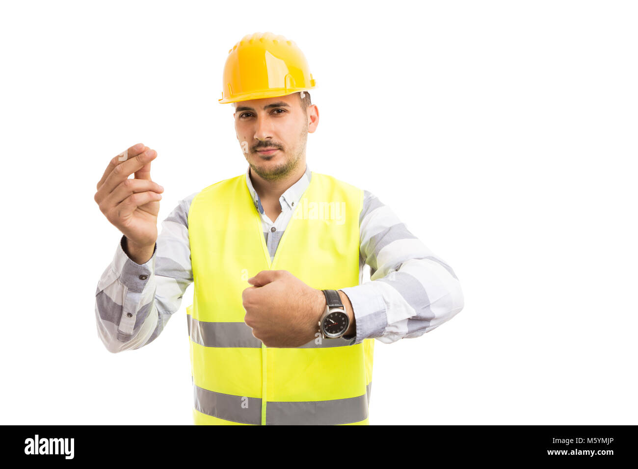 Engineer or architect showing watch and time is money gesture isolated ...