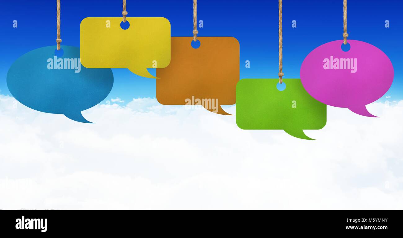 Hanging paper speech bubbles and sky background Stock Photo - Alamy