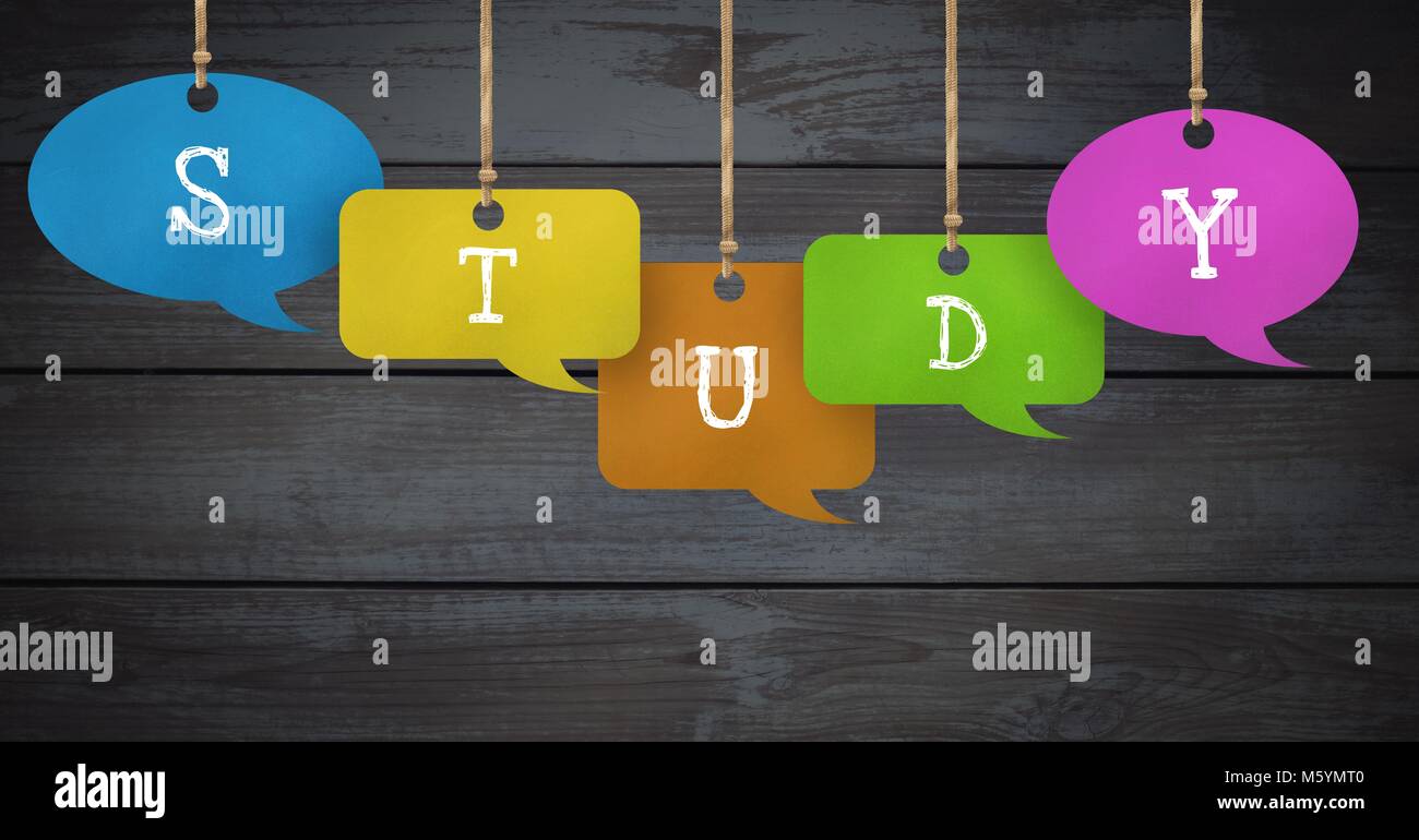 Study text on hanging paper speech bubbles Stock Photo - Alamy