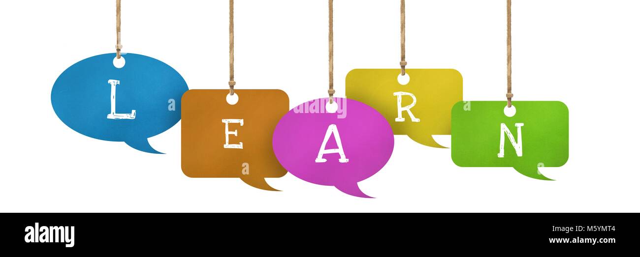 Learn text on hanging paper speech bubbles Stock Photo - Alamy