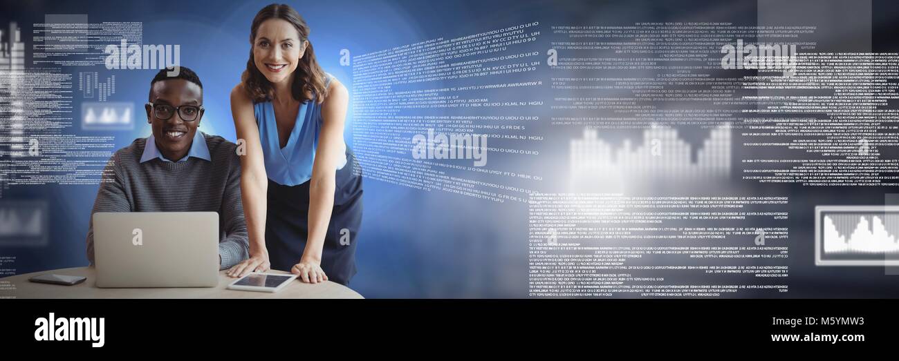 Business couple working on laptop with screen text interface Stock ...