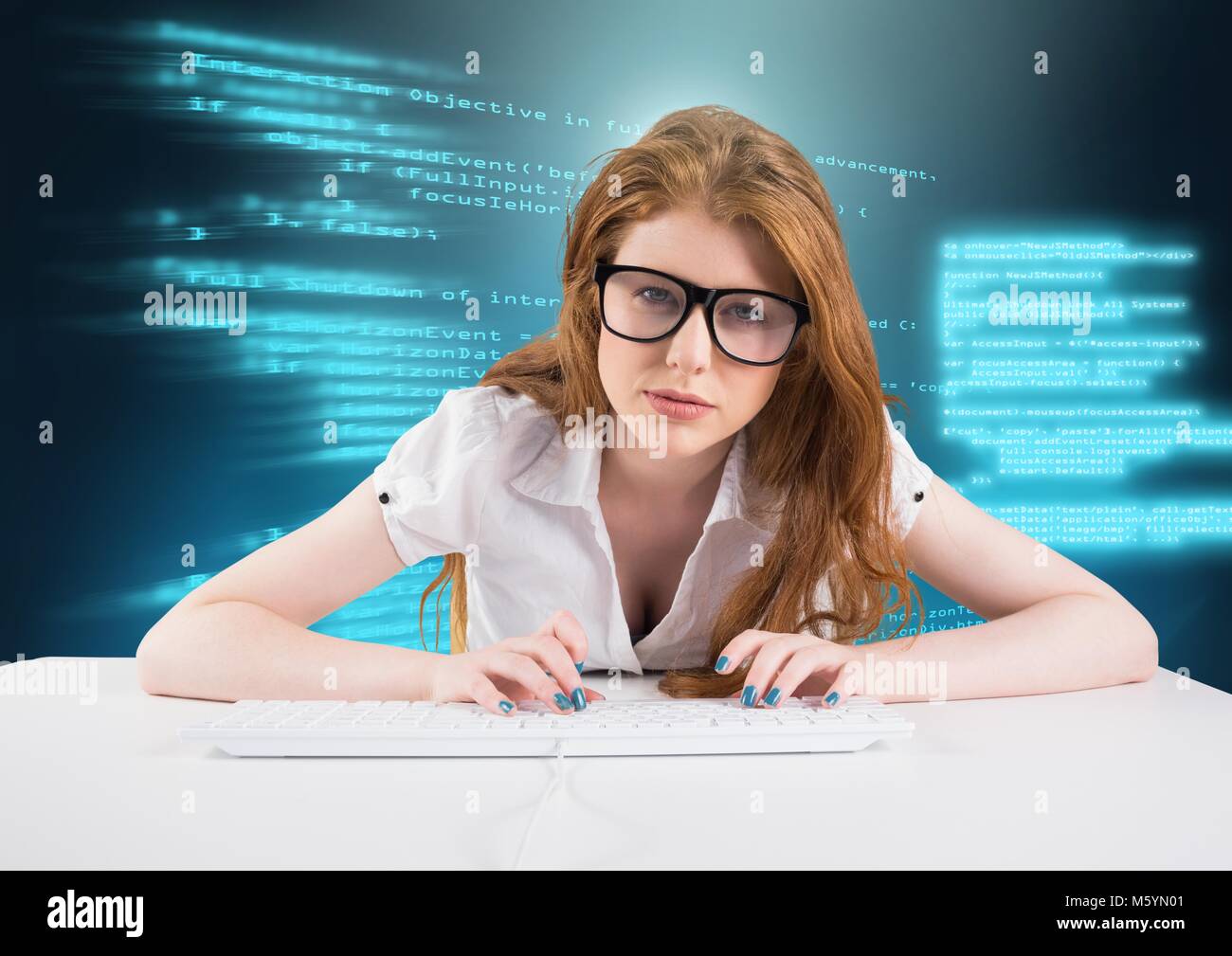 Woman typing coding text Stock Photo - Alamy