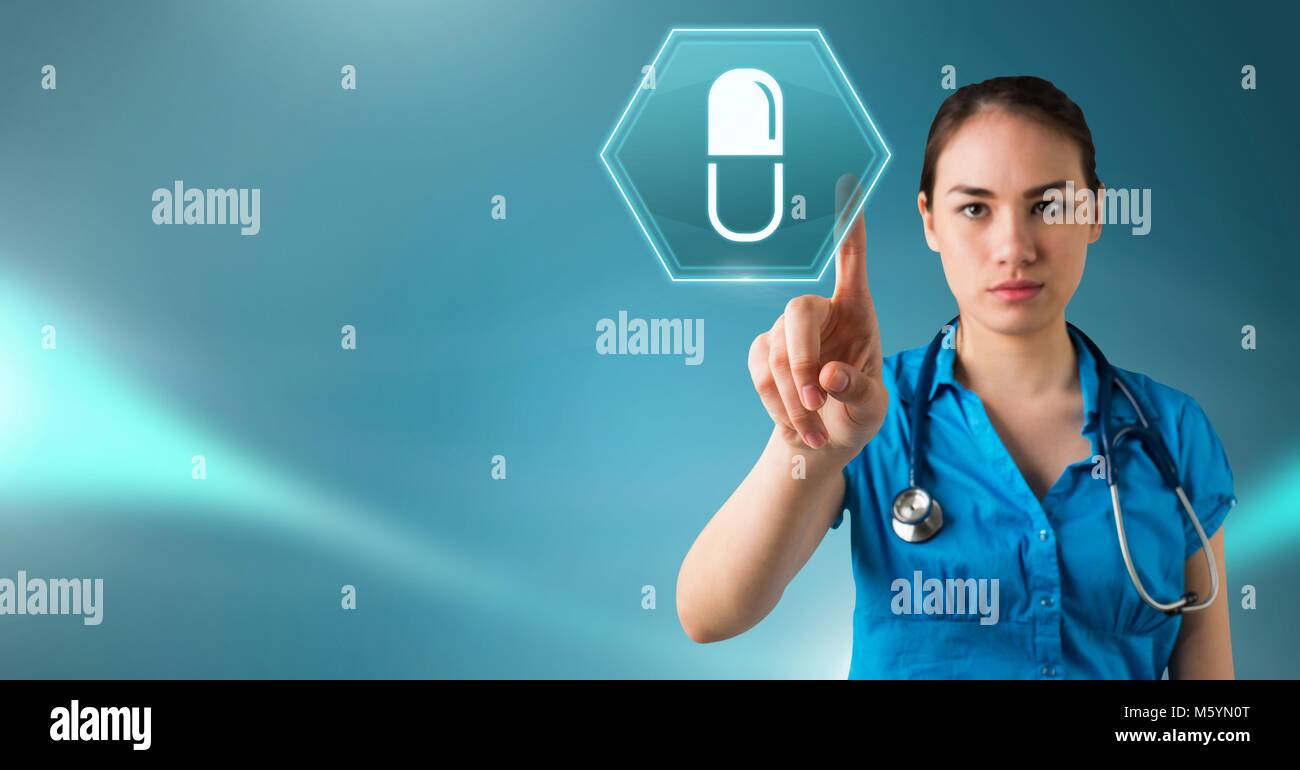 Female doctor interacting with medication pill icon in hexagon ...