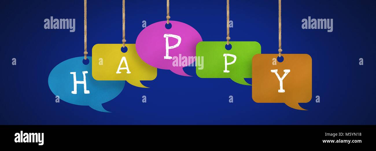 Happy text on hanging paper speech bubbles Stock Photo - Alamy