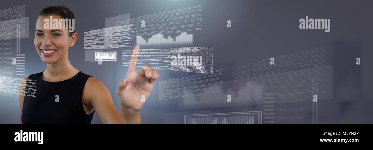Businesswoman touching screen text interface Stock Photo - Alamy