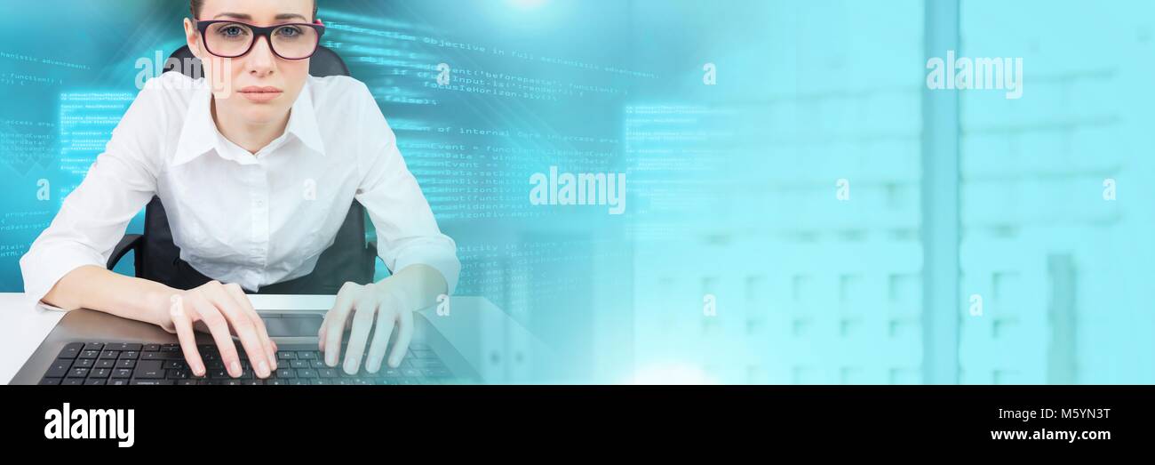 Woman typing coding text with transition Stock Photo - Alamy