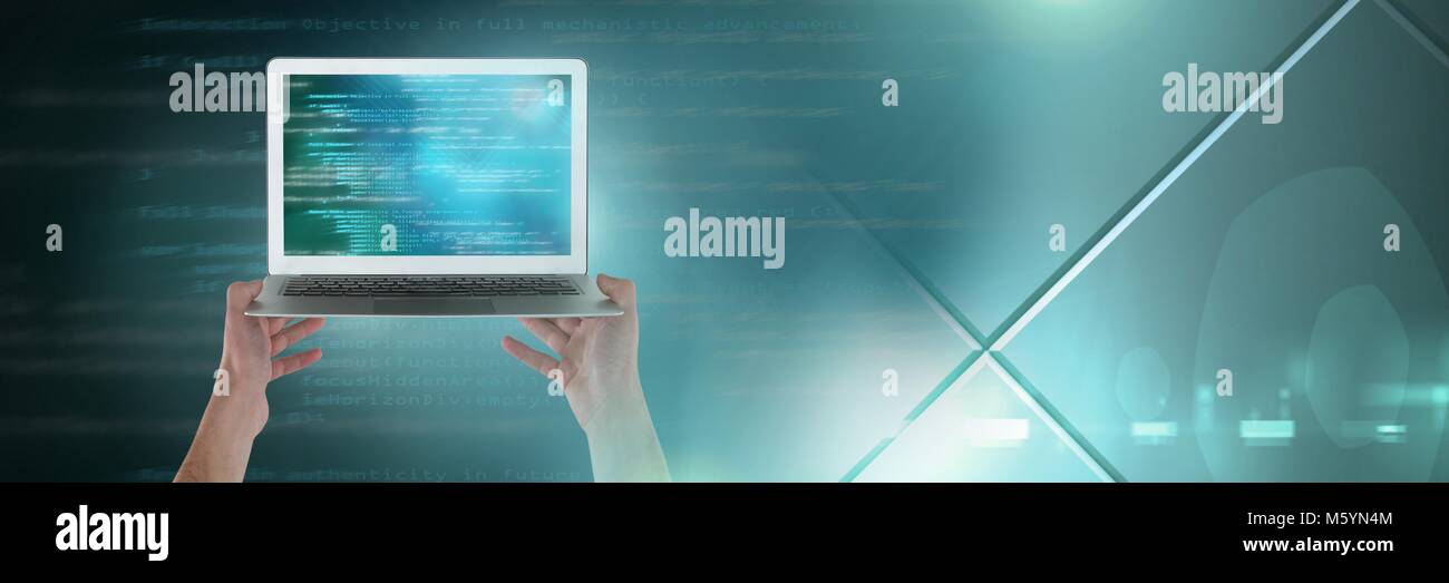 Hands holding laptop with coding text with transition Stock Photo - Alamy