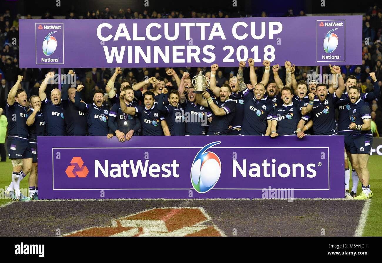Scotland captain John Barclay holds the Calcutta Cup aloft as the ...