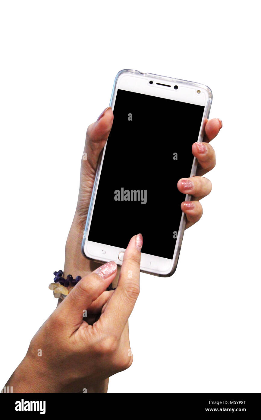 Hand held woman handphone, index finger is pointing the screen Stock ...