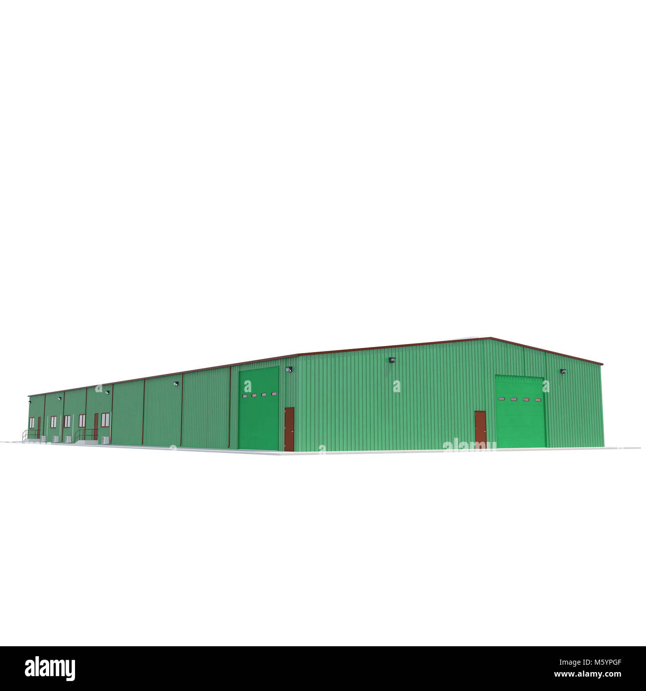 Facade of green storage warehouse with closed gate isolated on white ...