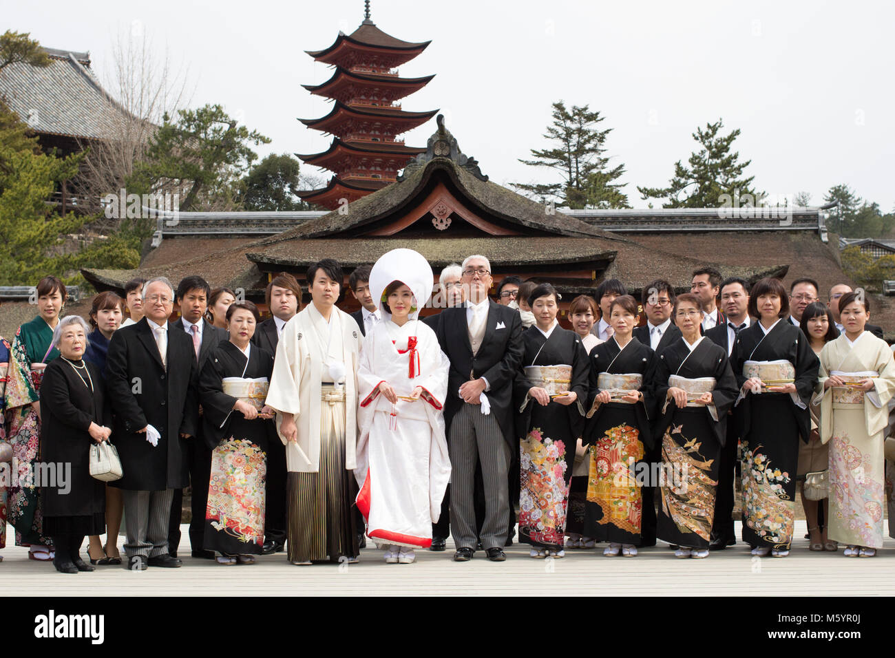 A traditional Japanese wedding taking place at the Itsukushima Shrine ...