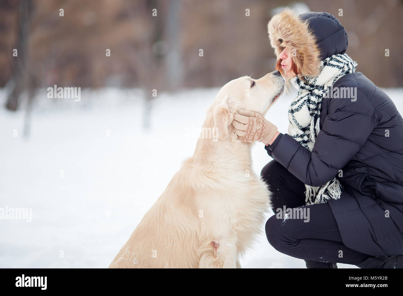 Photo of girl hugging labrador in snowy park Stock Photo - Alamy