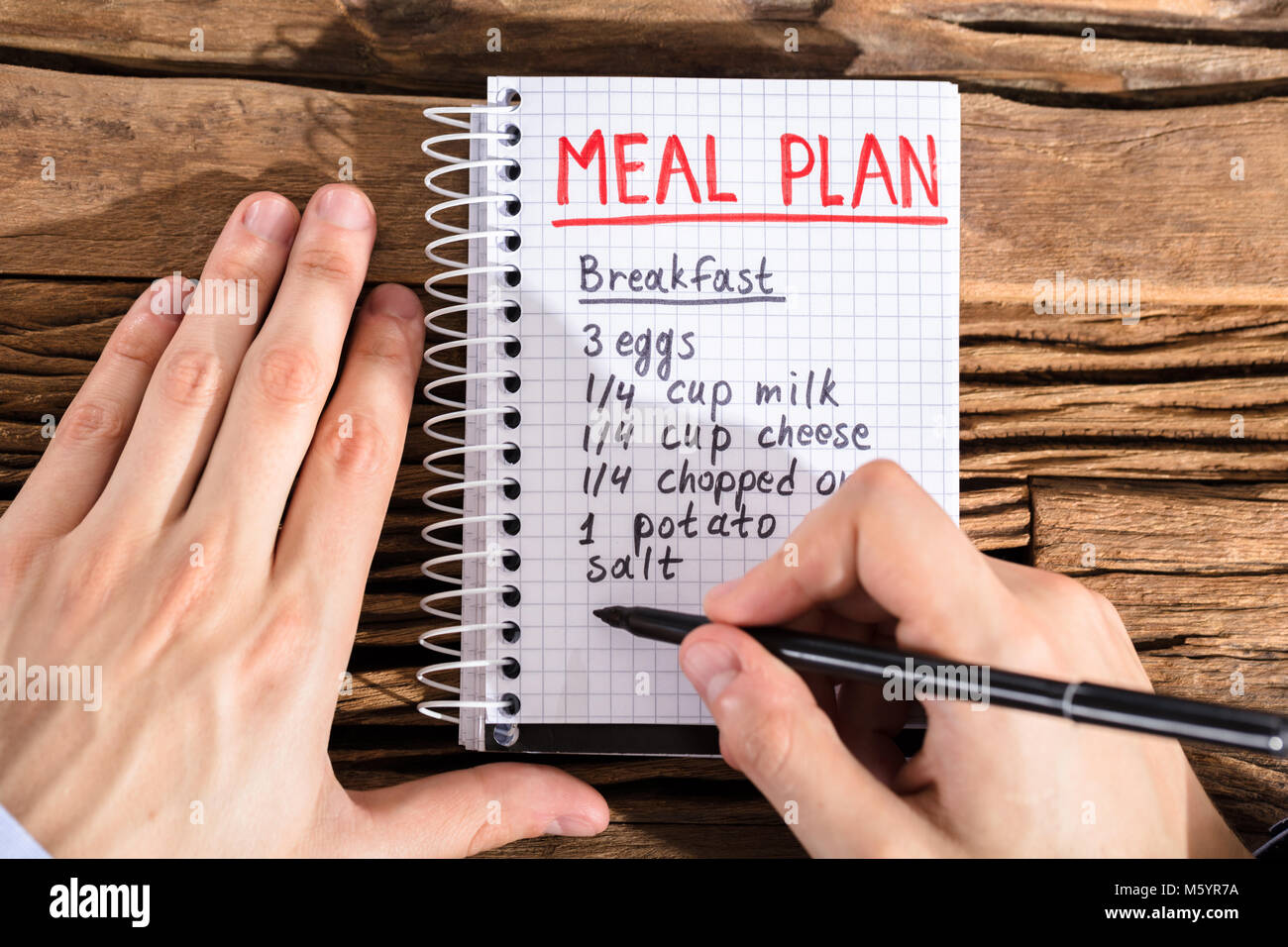 Close-up Of A Person's Hand Making Meal Plan On Notebook At Workplace ...
