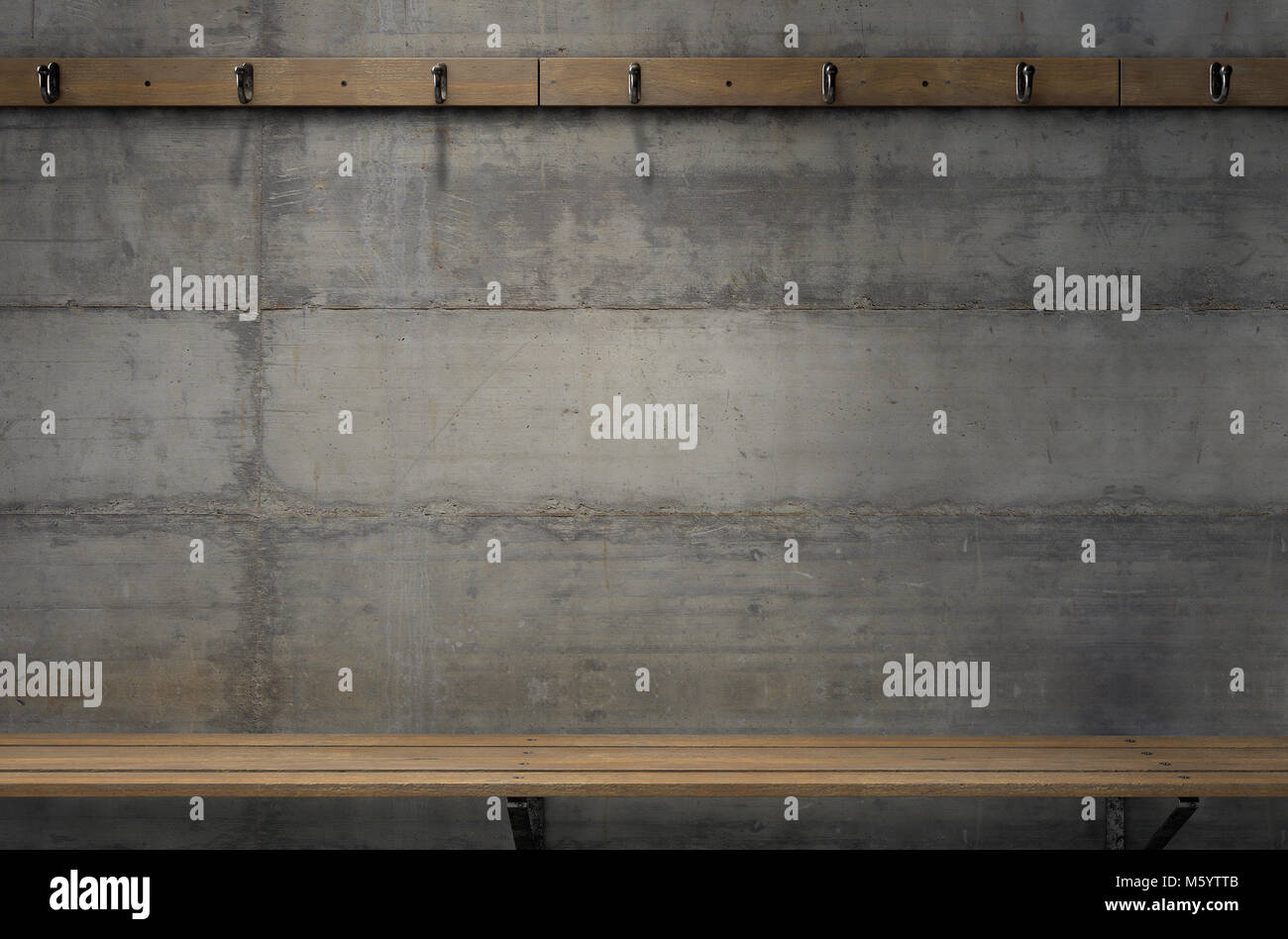 An empty clothes hanging rack above an empty wooden bench against a ...