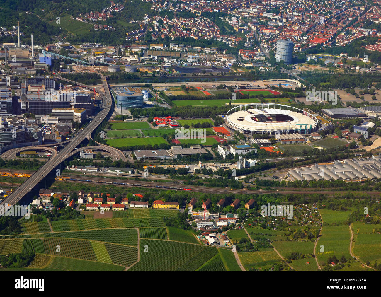 Stuttgart - June 11, 2017: Closer Aerial view of Stuttgart area and ...