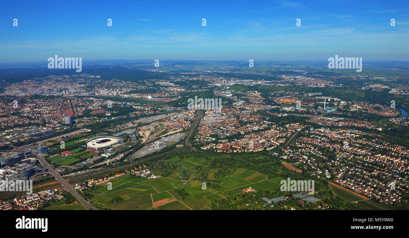 Stuttgart - June 11, 2017: Closer Aerial view of Stuttgart area and ...