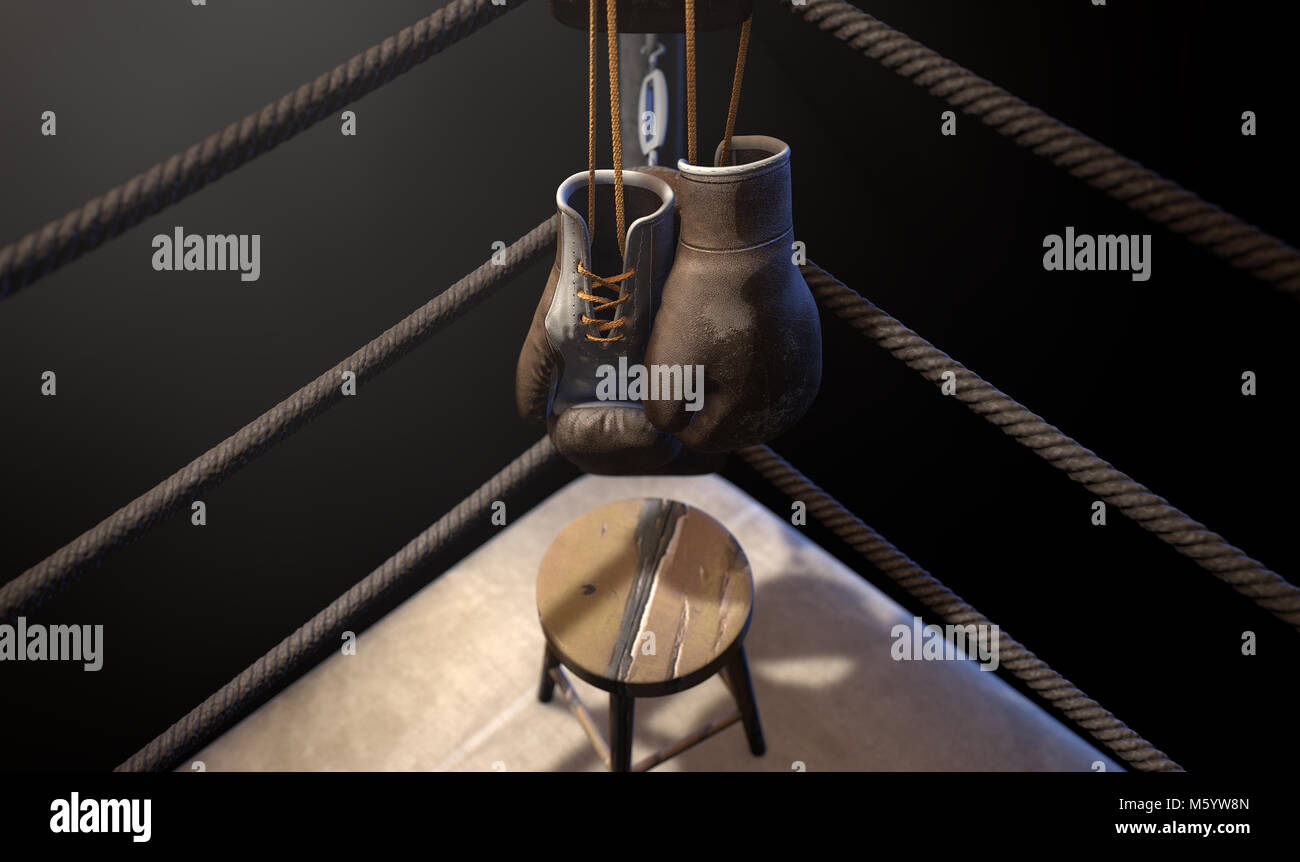 A closeup of the corner of an old vintage boxing ring surrounded by ...