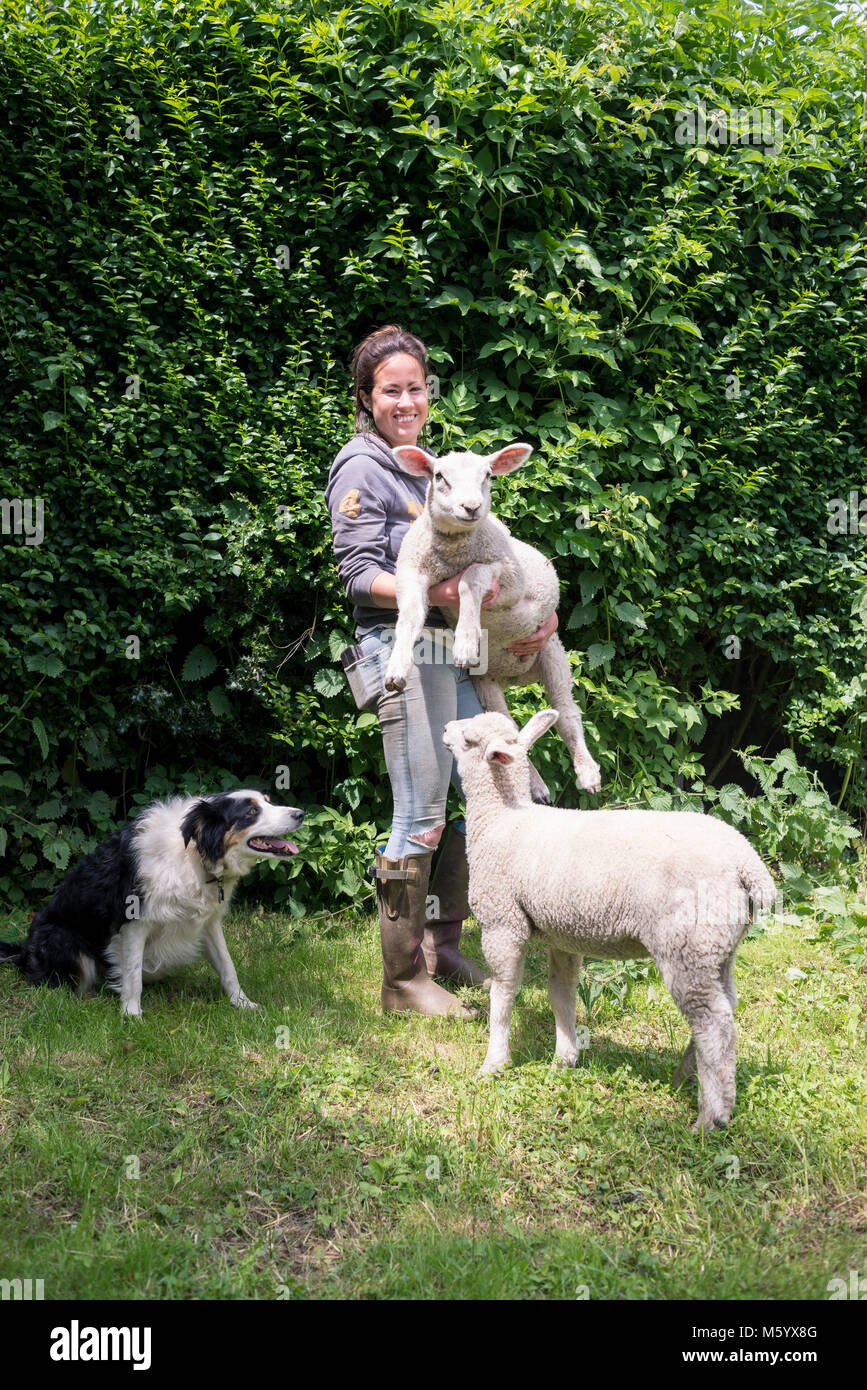 a young female farmer looks after and feeds while posing with some ...