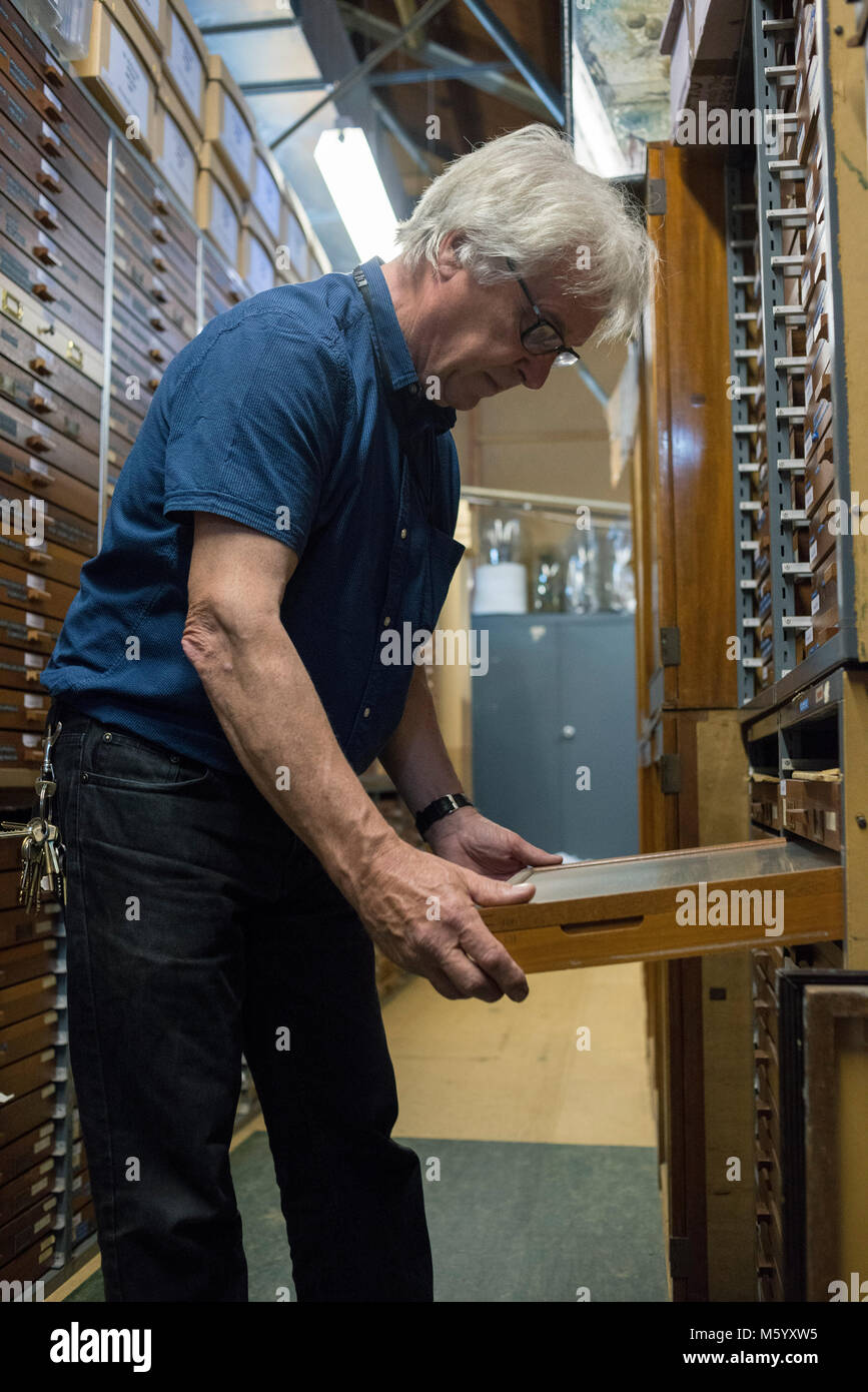 a museum worker poses amongst the collection and archive of the booth ...