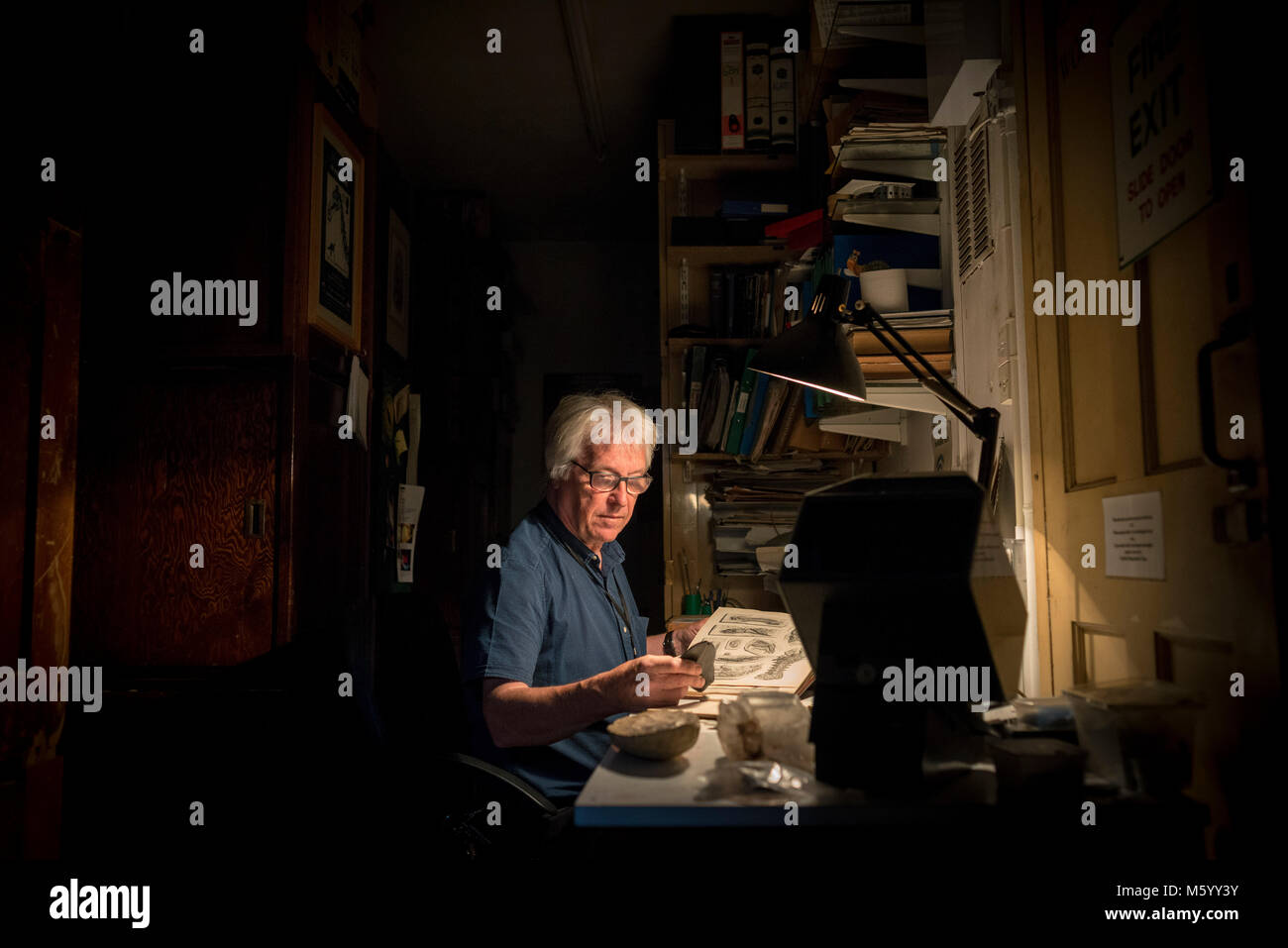 a museum worker poses amongst the collection and archive of the booth ...