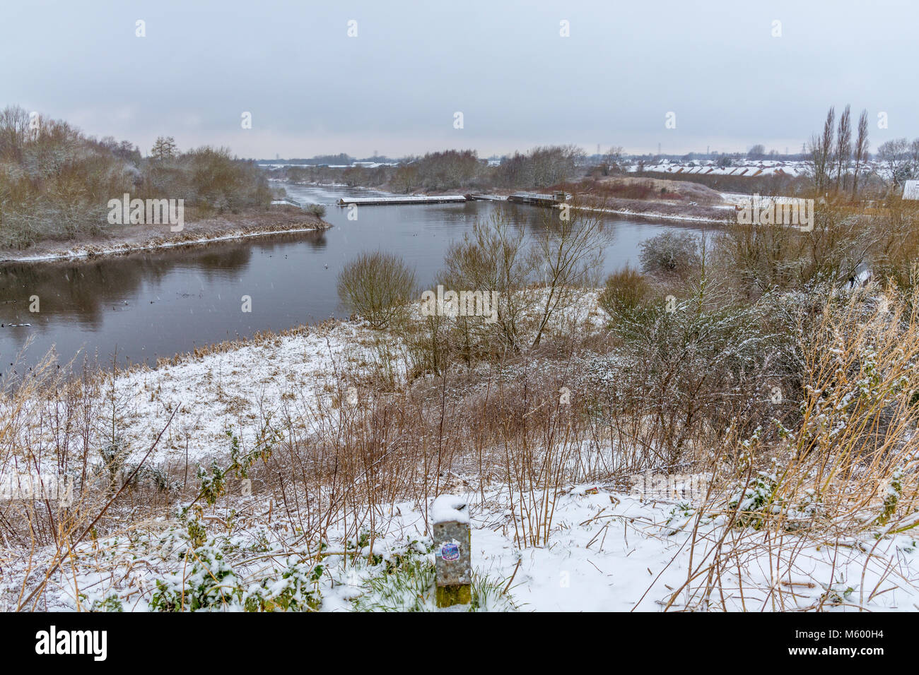 A view of the snow covered scenery at Woolston Eyes in Warrington ...
