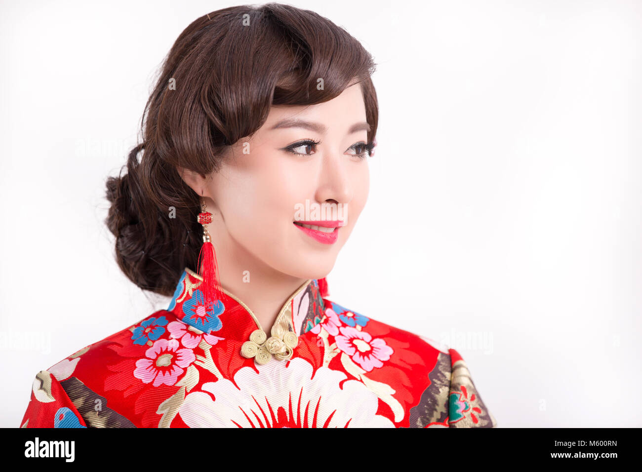 Wearing a dress, beautiful profile,studio shot white background Stock ...