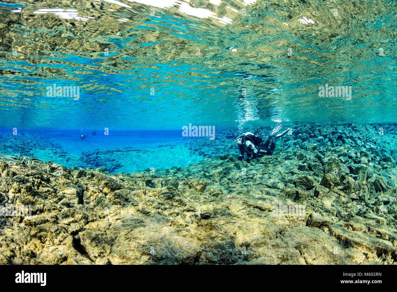 Scuba diving in Silfra Lagoon, Thingvellir National Park, Iceland Stock ...