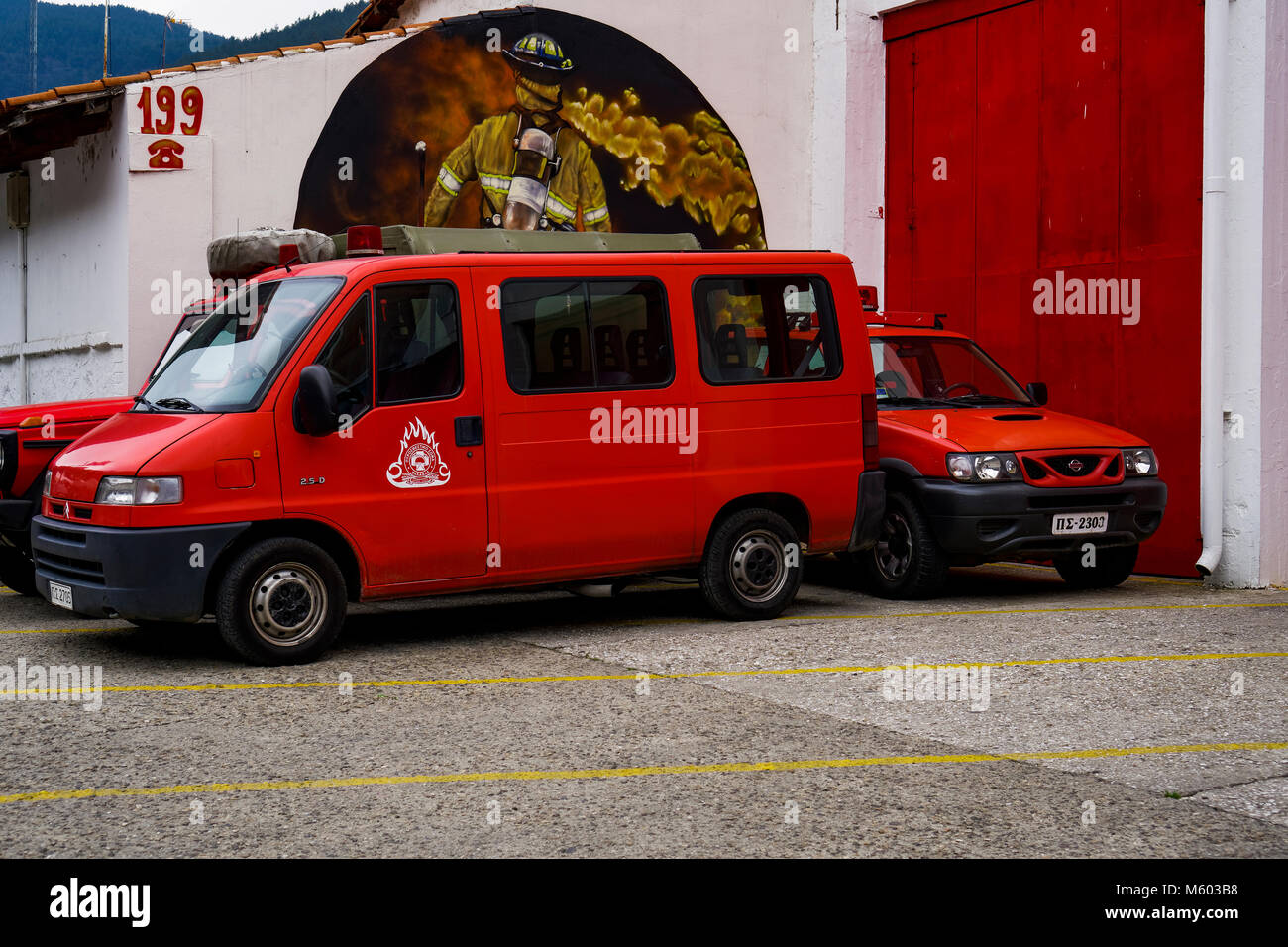 Greek fire brigade department cars outside fire station. Hellenic Fire ...