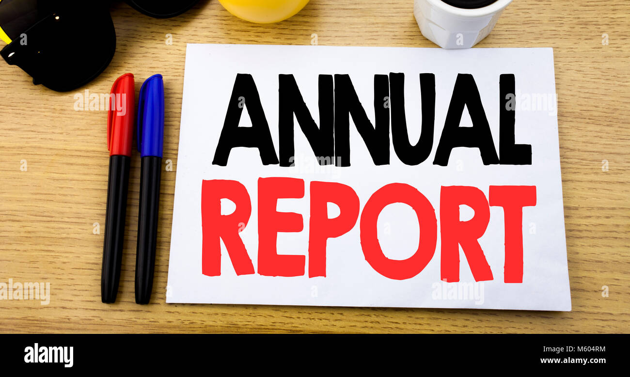 Handwritten text caption showing Annual Report. Business concept ...