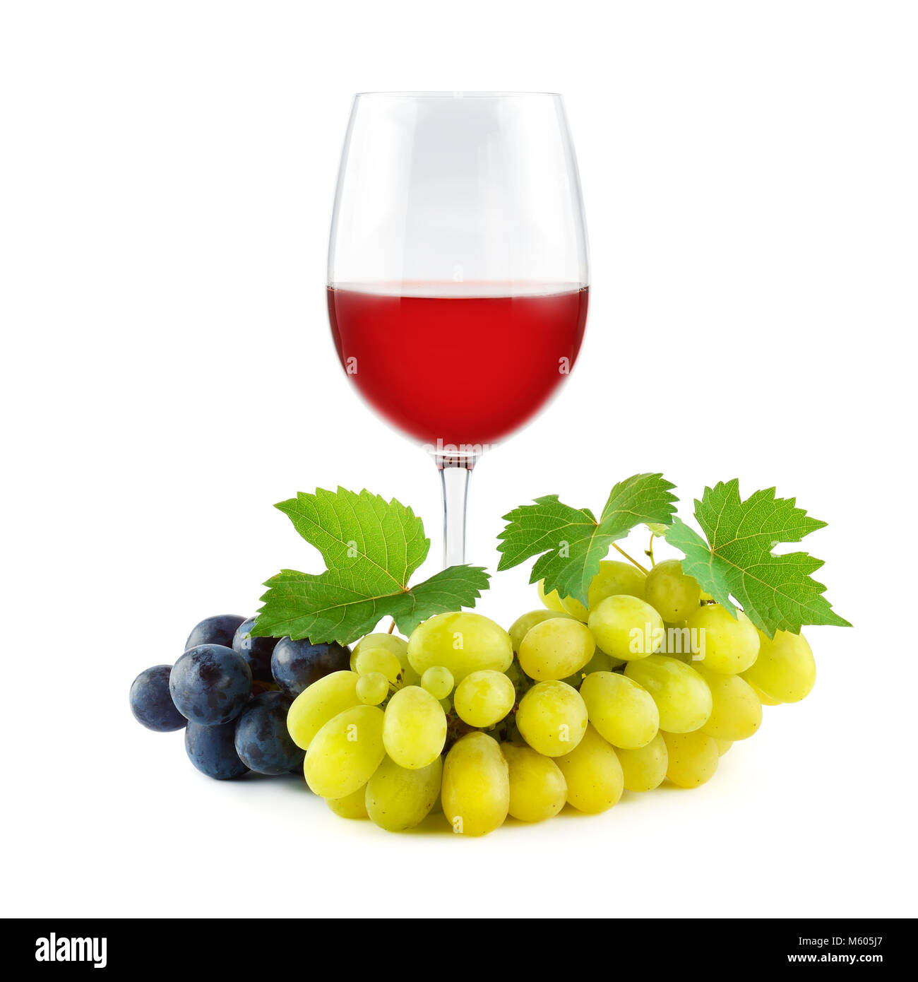 Bunch grapes with green fresh leaves and glass red wine isolated on white background Stock Photo ...