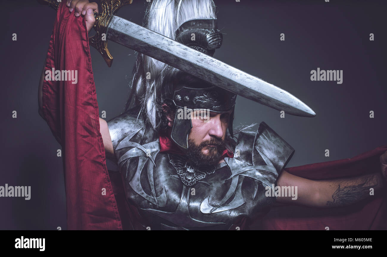 Strength Roman gladiator, wrestler and warrior of Rome with helmet and ...