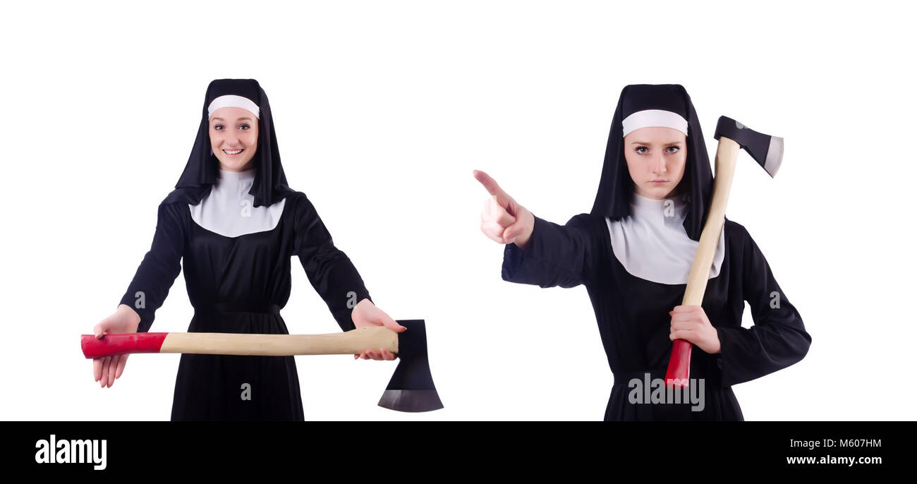 Nun with axe isolated on white Stock Photo - Alamy