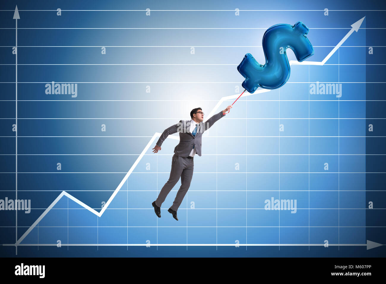Businessman flying on dollar sign inflatable balloon Stock Photo - Alamy