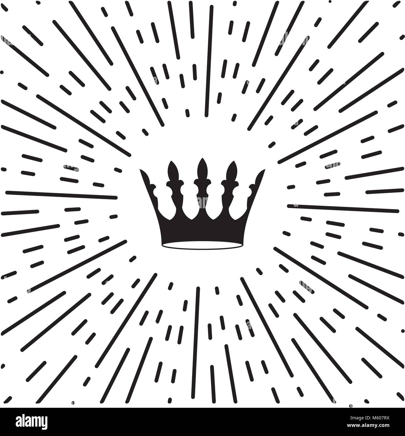 Vintage sunburst, sun rays, sunbeam, vector design with crown for your ...