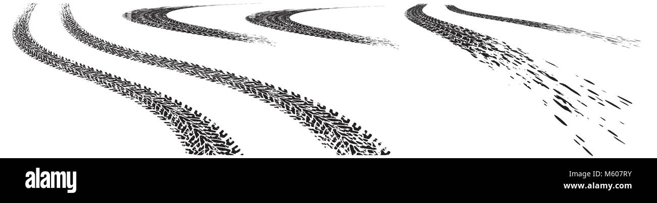 Set of vector trails, traces of the tyre in grunge style on a white ...