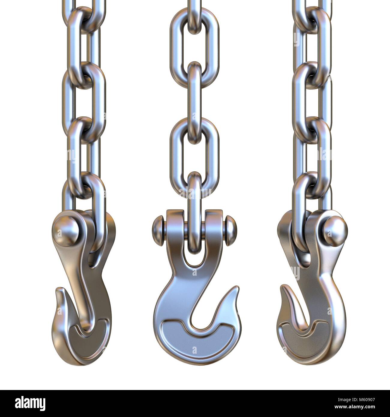 Three silver hook and chain 3D render illustration isolated on white ...