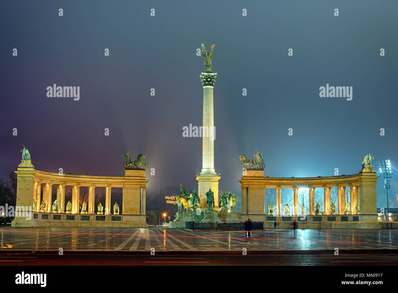 Monument on Heroes square in colourful fog, Budapest Stock Photo - Alamy