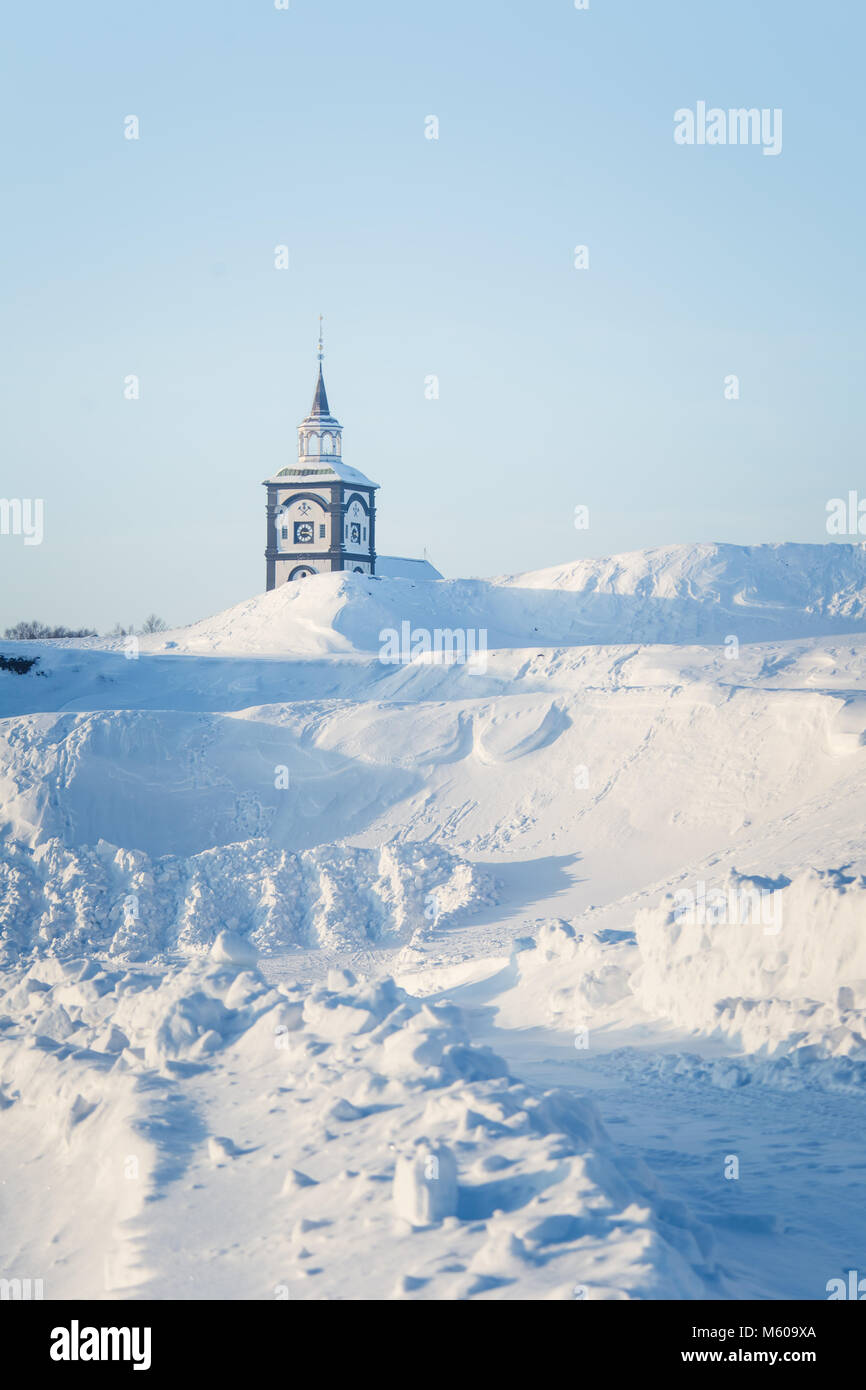 A beautiful tower of Roros church in central Norway. World heritage ...