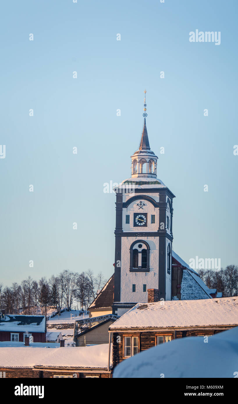 A beautiful tower of Roros church in central Norway. World heritage ...