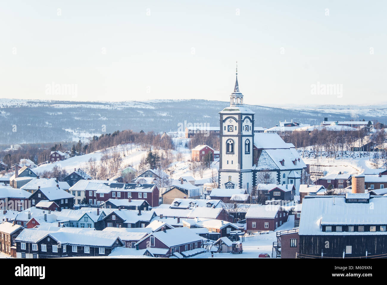 A beautiful tower of Roros church in central Norway. World heritage ...
