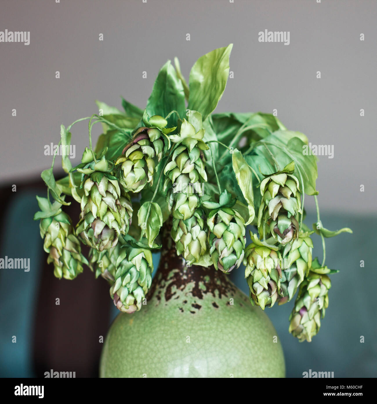 Cones of green hops. Artificial silk flowers in interior Stock Photo ...
