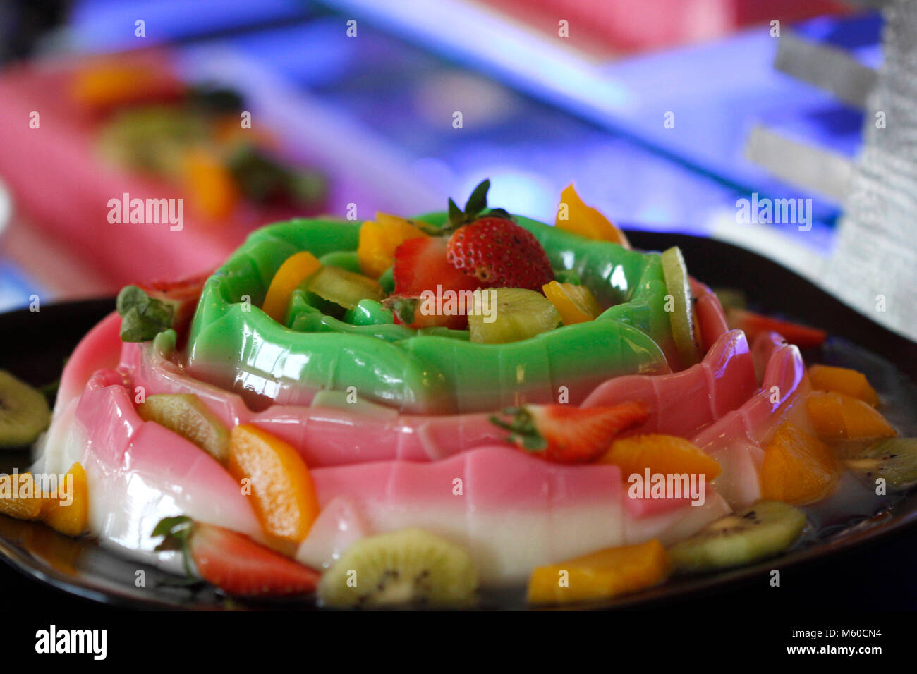 A fruit pudding displays during lunch at Lotus Restaurant in Grand ...
