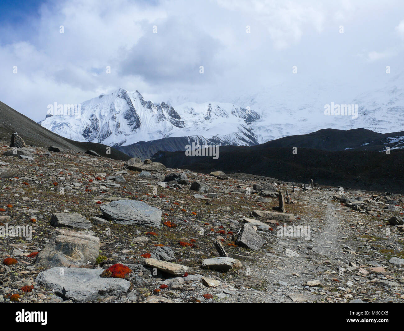 Beautiful mountain path under snow capped Himalaya to the Tilicho lake ...