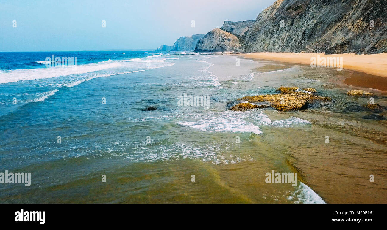 Aerial View From Flying Drone Of Ocean Waves And Beautiful Beach In ...