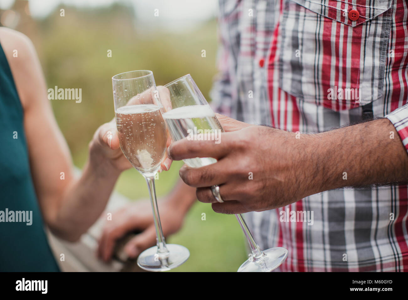 Couple making a celebratory toast with champagne Stock Photo - Alamy