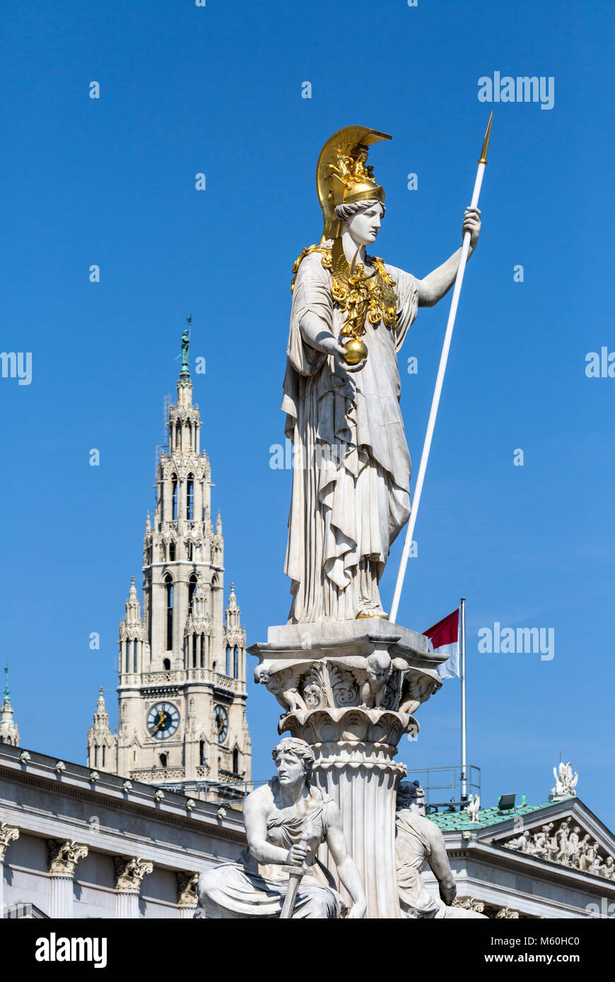 The Pallas Athena sculpture and Rathaus steeple, Austrian Parliament ...