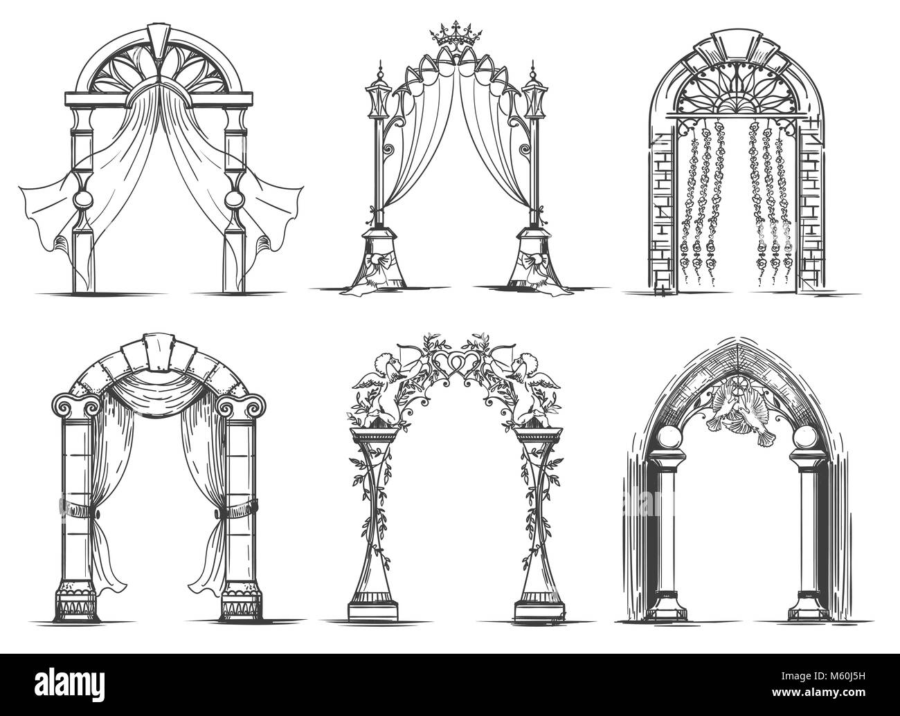 Wedding arches sketch. Vintage ink doodle arch entrance set for ...
