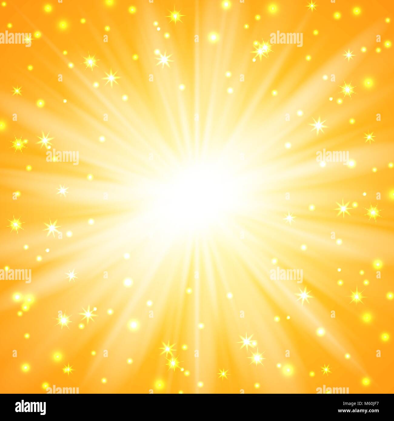 Yellow sunburst background with sparkles and rays, vector illustration ...