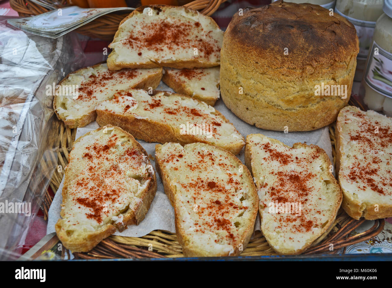 Traditional Banat food bread with lard and sprinkled with red of ground ...